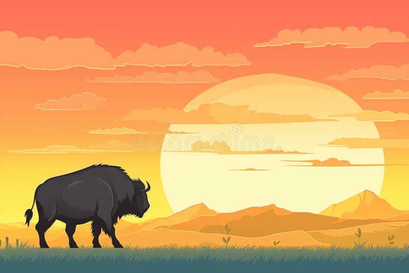 Bison Silhouette Against Sunset on North American Prairie Stock Photo ...