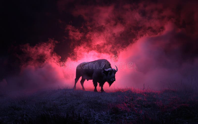 Bison Silhouette in a Dark Red and Pink Night Sky Stock Illustration ...