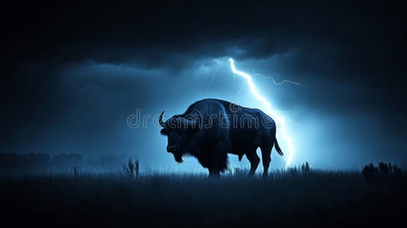 Bison Silhouette in a Dramatic Night Storm Stock Illustration ...