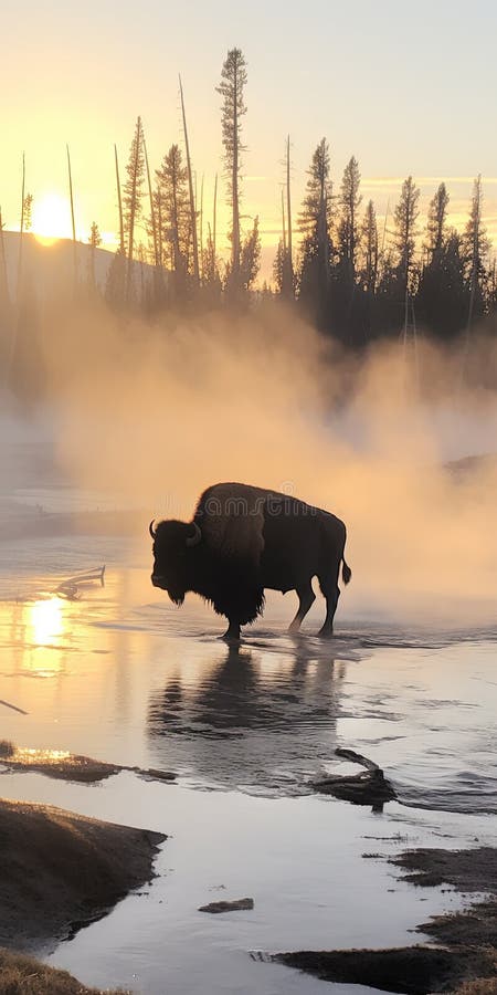 A Bison is Standing in a Body of Water with Steam Rising from it ...