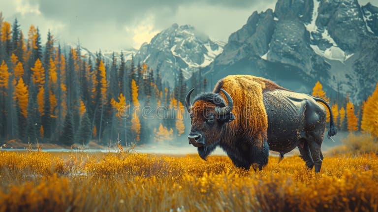A Bison Standing in a Field with Mountains Behind it, AI Stock Image ...