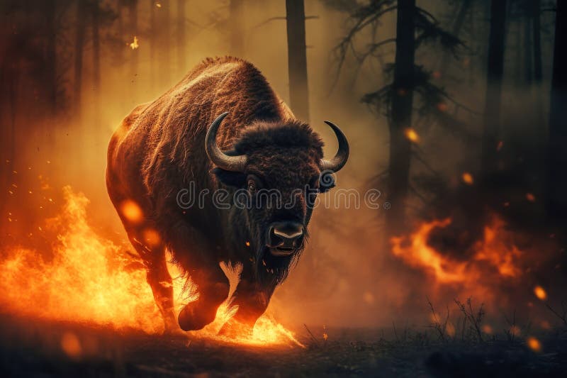 A Bison Standing in Front of a Fire in a Forest, Representing the ...