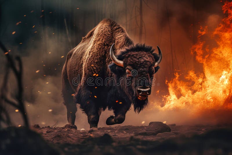 A Bison Standing in Front of a Fire in a Forest, Representing the ...