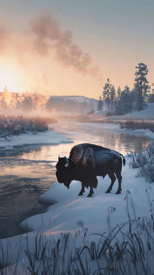 Bison Standing by a Frozen River in a Snowy Winter Landscape at Sunset ...