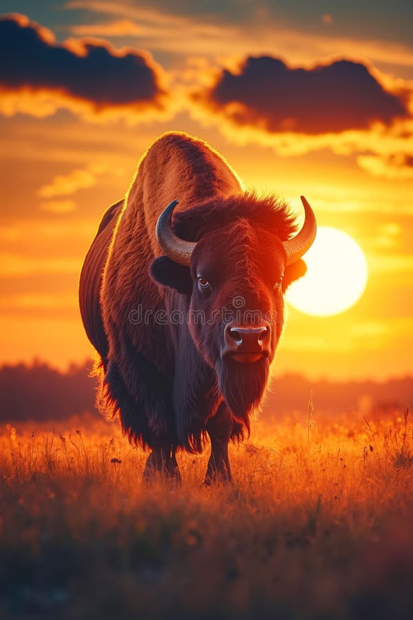A Bison Standing in a Grassy Field at Sunset Stock Photo - Image of ...