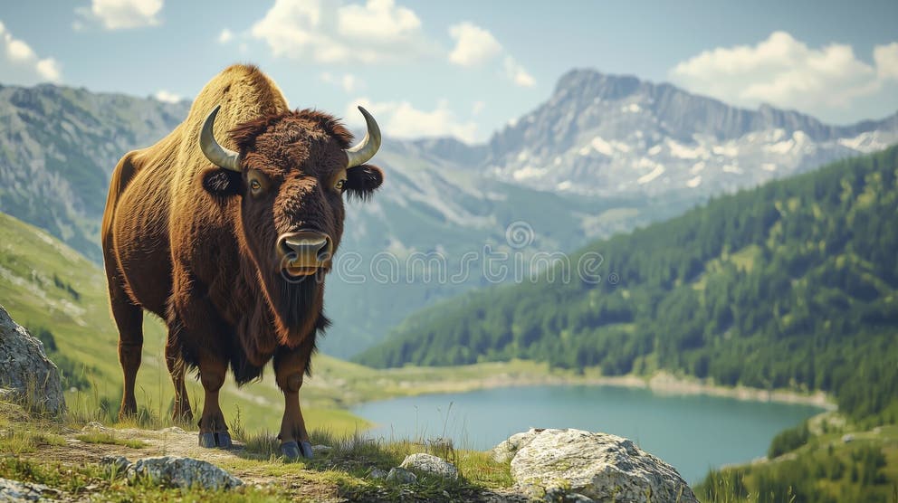 Bison Standing in a Mountain Landscape with a Lake Stock Photo - Image ...
