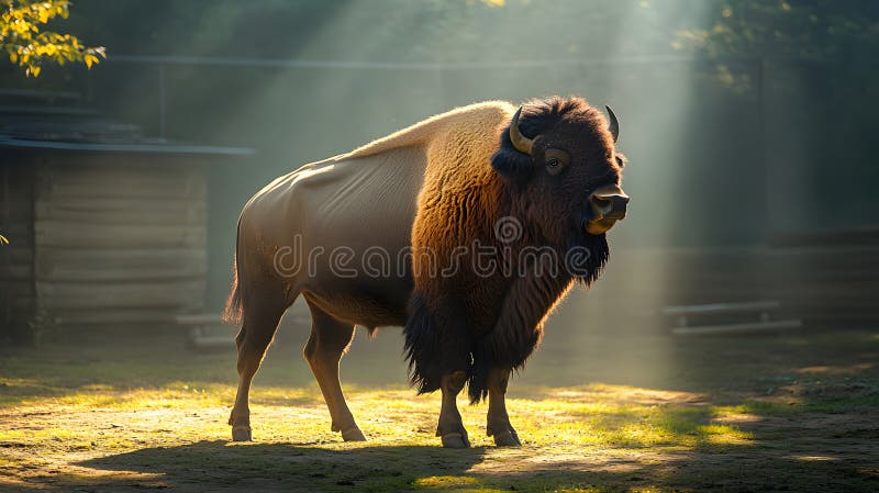 Bison Standing Proudly in Sunlit Field, Its Thick Fur Glowing in Light ...