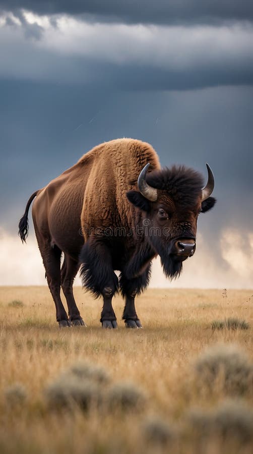 Bison Standing Strong Against a Backdrop of Dramatic Storm Clouds Stock ...