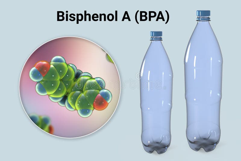 Bisphenol a Molecule and Plastic Bottles, 3D Illustration. Organic ...