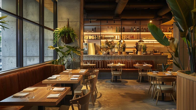 Bistro Interior Featuring Communal Dining and Sustainable Design Stock ...