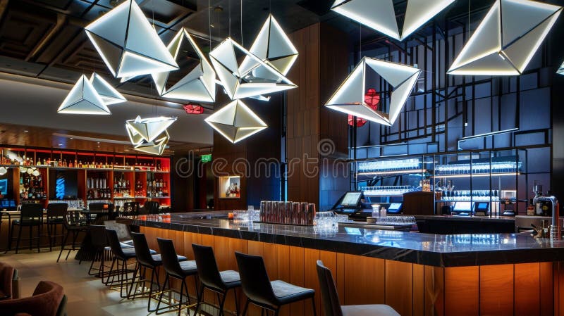 Bistro Interior Featuring Geometric Light Fixtures and Communal Bar ...