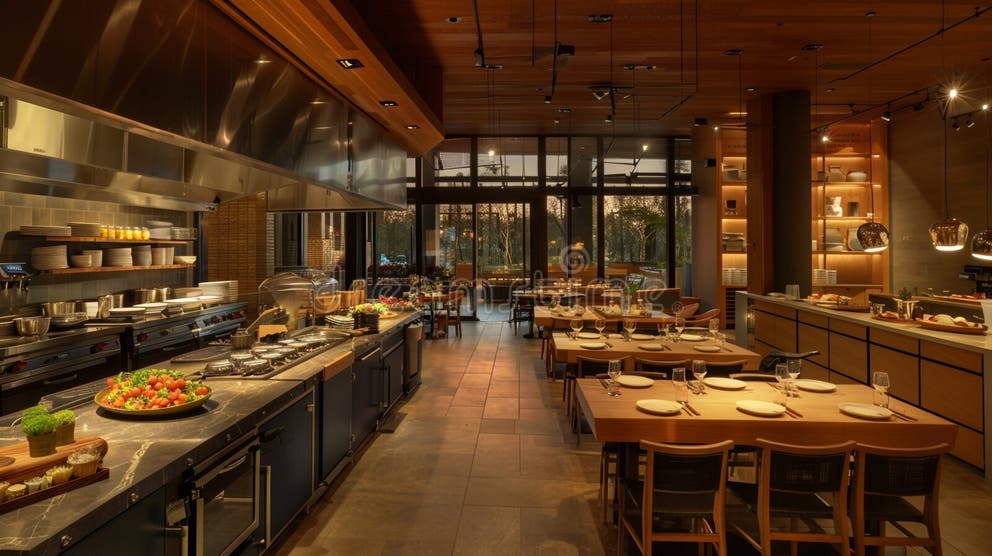 Bistro Interior Featuring Interactive Chef S Stations and Communal ...