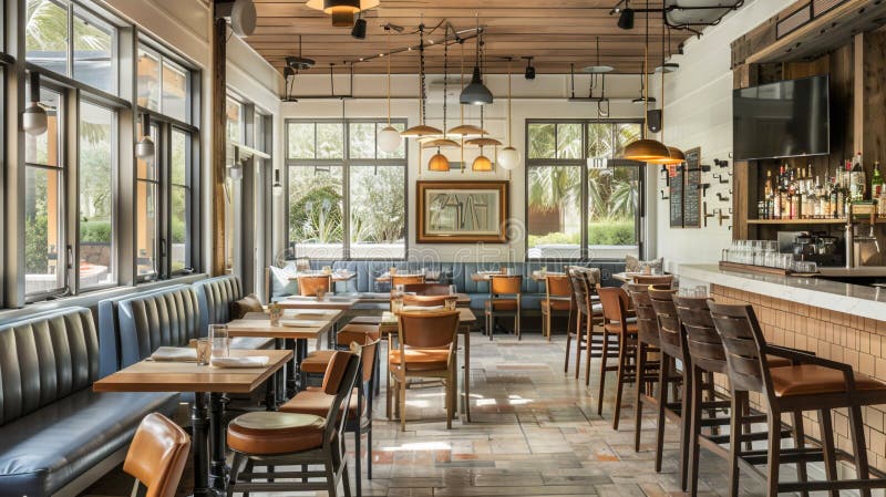 Bistro Interior Featuring Sustainable Design with Communal Dining Stock ...