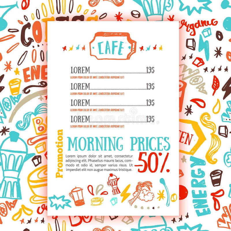 Bistro Menu with Coffee Pattern on Background in Bright Sketch Style ...