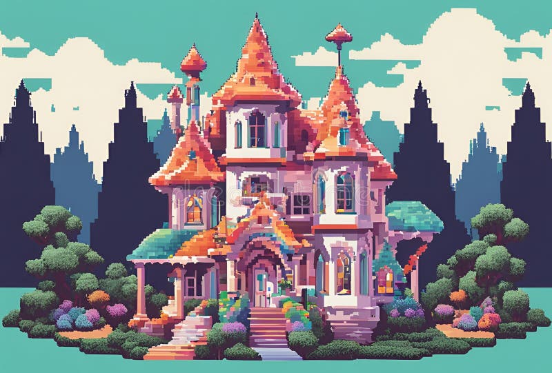 Fantasy house pixel game stock illustration. Illustration of tree ...