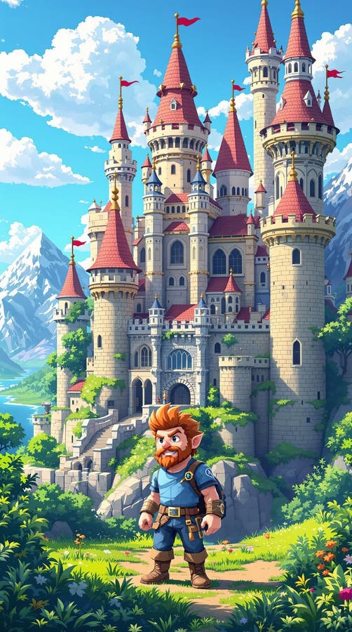 8-bit Character before Pixelated Castle Stock Photo - Image of retro ...