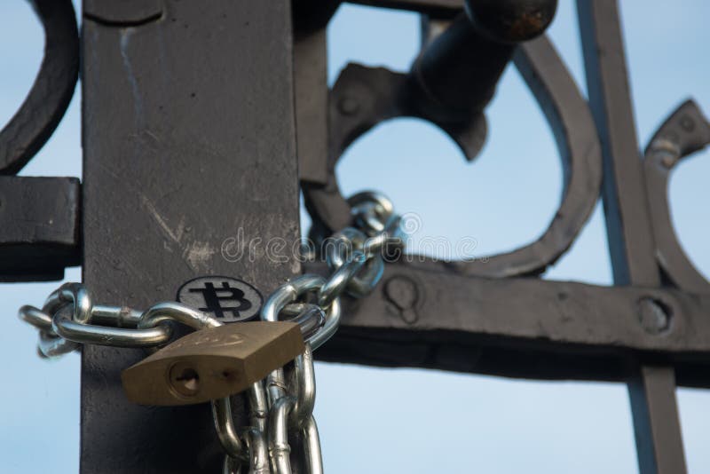 Bit Coin on Old Gate with Lock and Chain Stock Image - Image of closed ...