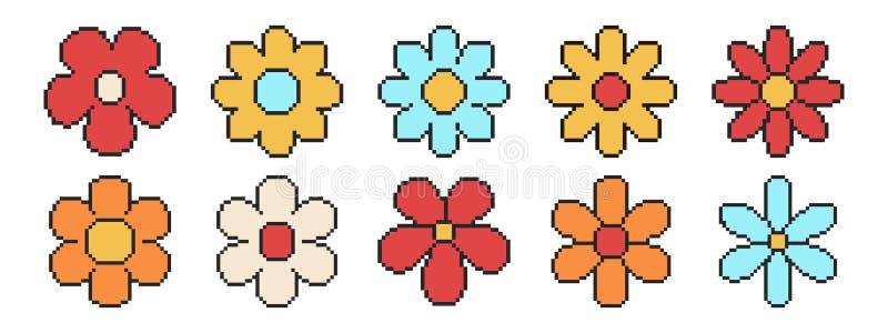 8 Bit Flower Icon Set. Pixel Art Object. Old School Vintage Game ...