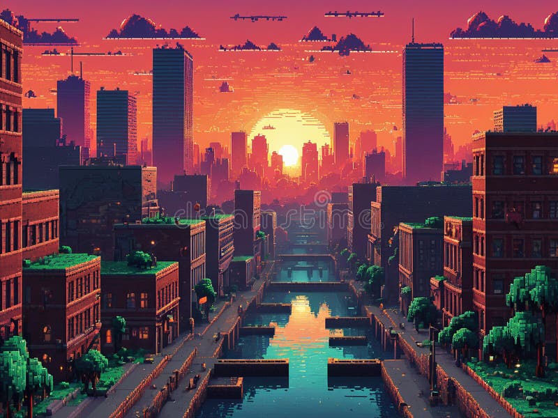 8-bit Graphics Pixels Scene with City at Sunset - Generated by Ai Stock ...