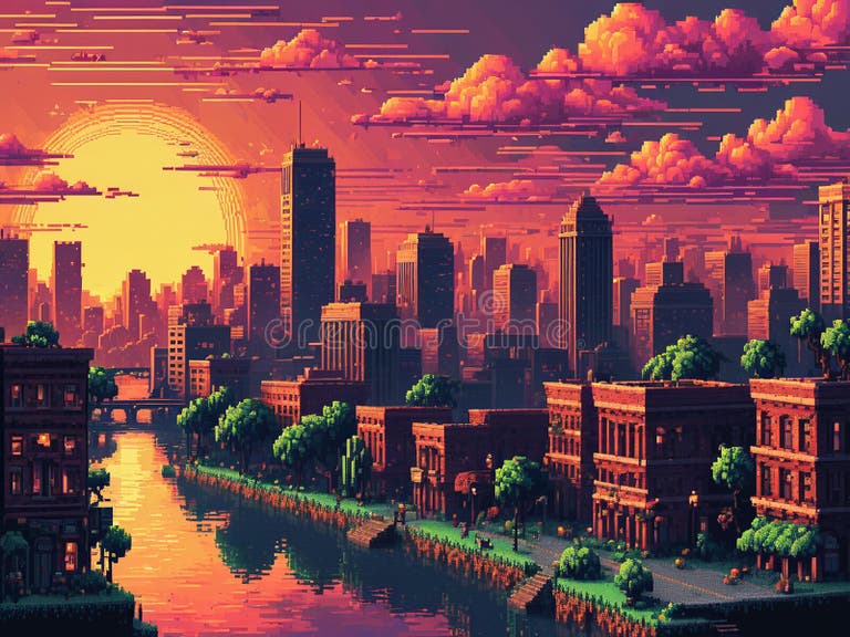 8-bit Graphics Pixels Scene with City at Sunset - Generated by Ai Stock ...