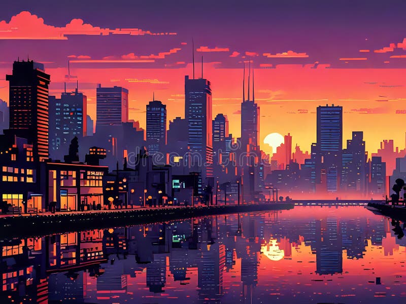 8-bit Graphics Pixels Scene with City at Sunset - Generated by Ai Stock ...