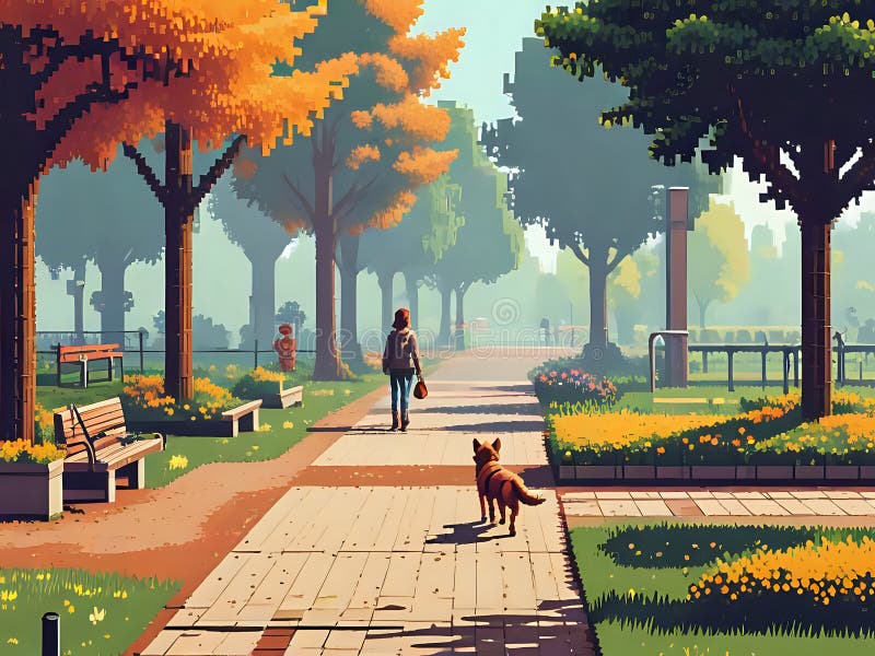 8-bit Graphics Pixels Scene with Person Walking Dog at the Park ...