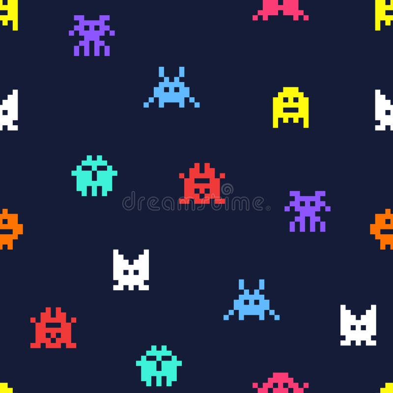 8 Bit Pixel Arcade Game Alien Invader Seamless Background. Superhero ...