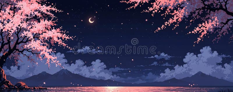 8-bit Pixel Art of Anime Cherry Blossoms in the Beautiful Night. Stock ...