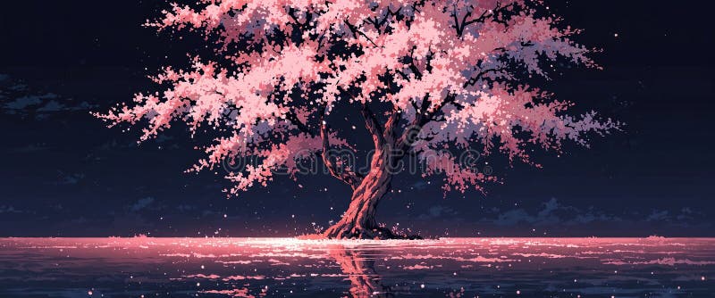 8-bit Pixel Art of Anime Cherry Blossoms in the Beautiful Night. Stock ...