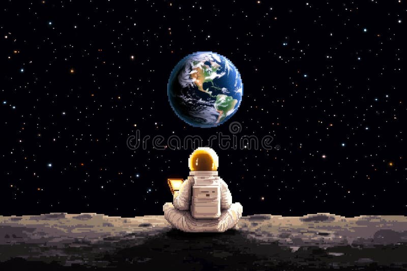 64-bit Pixel Art of an Astronaut Sitting on the Surface of the Moon ...
