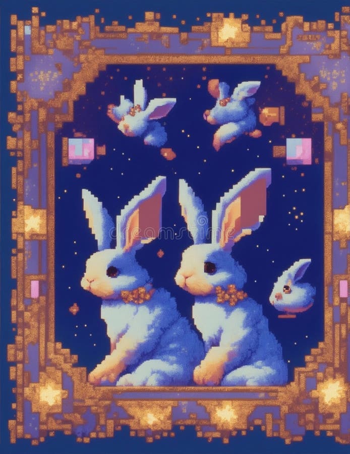 16 Bit Pixel Art Baroque Rabbit, Starry Background Illustration Stock ...