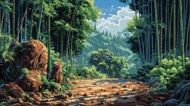 2-bit Pixel Art, Edge of a Bamboo Forest, in the Style of a 16-bit ...