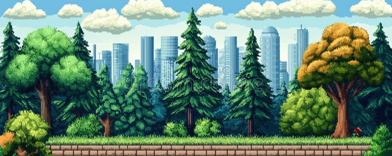 8-bit Pixel Art Forest Level with Vibrant Colors, Evoking Nostalgia for Classic Gaming ...