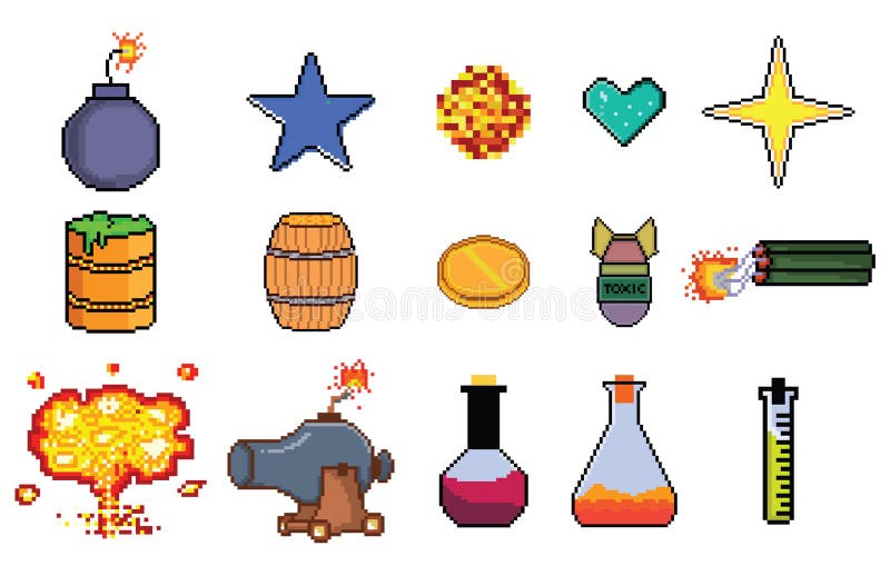 8 Bit Pixel Art Game Icon Set. Ui Elements Pixel Set. Game World and ...