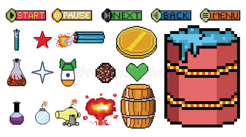 8 Bit Pixel Art Game Icon Set. Ui Elements Pixel Set. Game World and ...