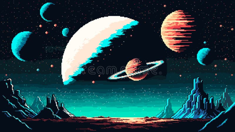 8 Bit Pixel Art Space Planet Surface and Galaxy Stock Vector ...