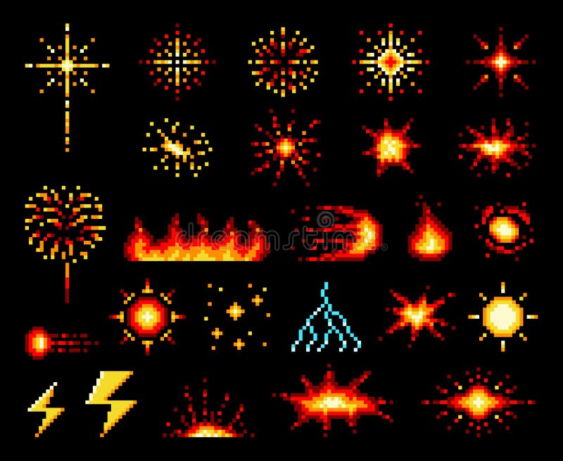 8 Bit Pixel Fire Flames, Explosion and Fireballs Stock Vector ...