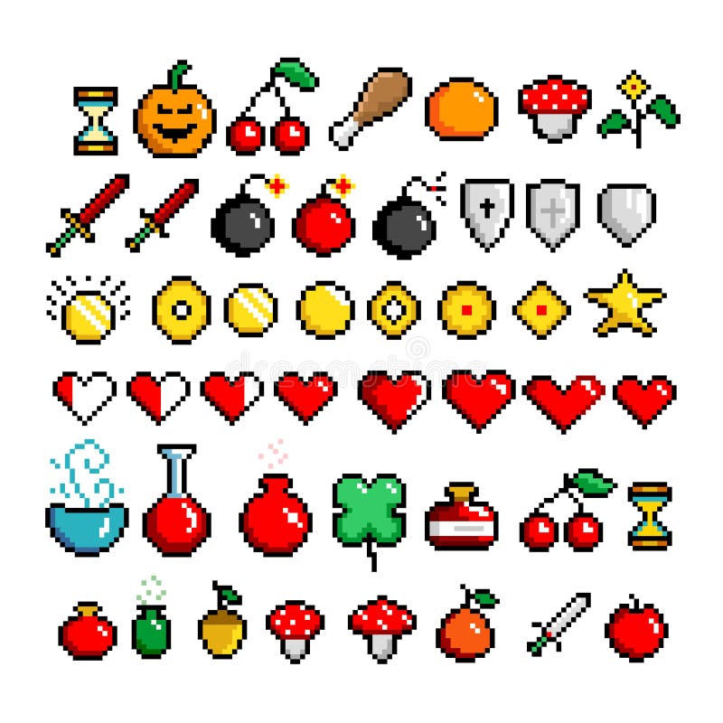 8-bit Pixel Graphics Icon Set. 46 Different Objects Used in Games. Game ...