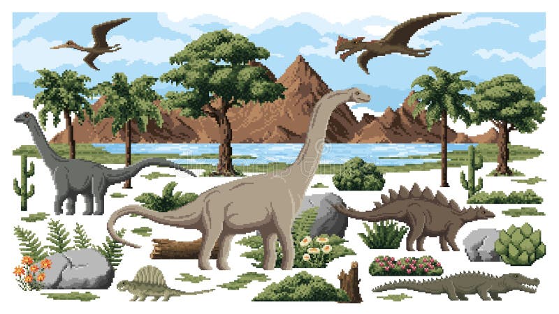 8 Bit Pixel Prehistoric Dinosaurs, Arcade Game Stock Vector ...