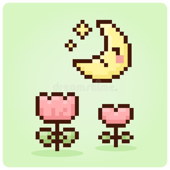 8 Bit Pixel Tulips and Moon for Cross Stitching Patterns in Vector ...