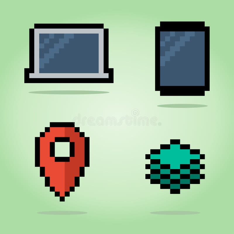 8-bit Pixel, UI Symbol Icon. Notebook, Smartphone, Pin and Layer Icon ...