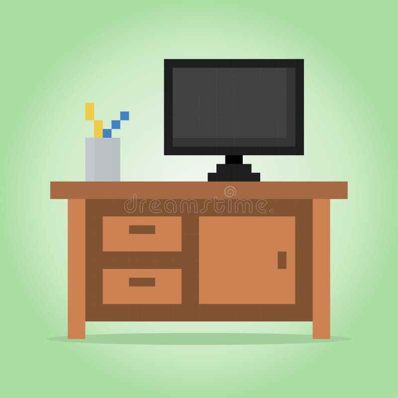 8 Bit Pixel Work Place. Flat Desktop on Desk Stock Vector ...
