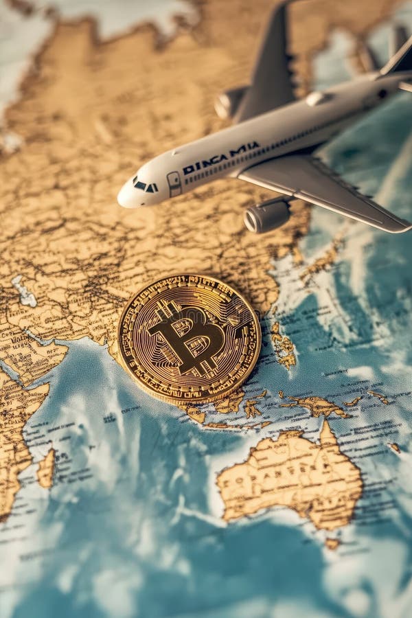 Bitcoin and Airplane on World Map Symbolizing Global Finance Stock ...