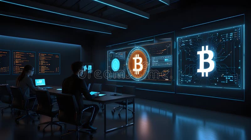Bitcoin Analysis in Dark Meeting Room with Data Stock Illustration ...