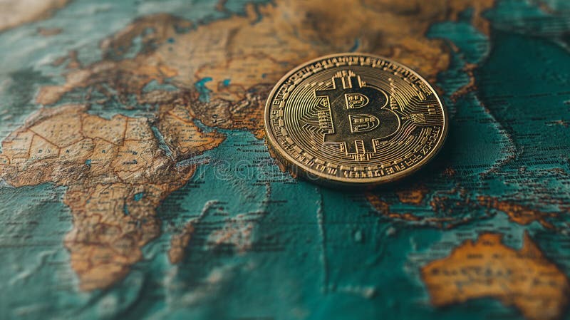 Bitcoin on the Background of the World Map. Cryptocurrency Concept ...