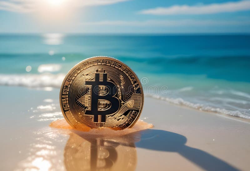Bitcoin on the Beach with Hot Sun. Stock Illustration - Illustration of ...