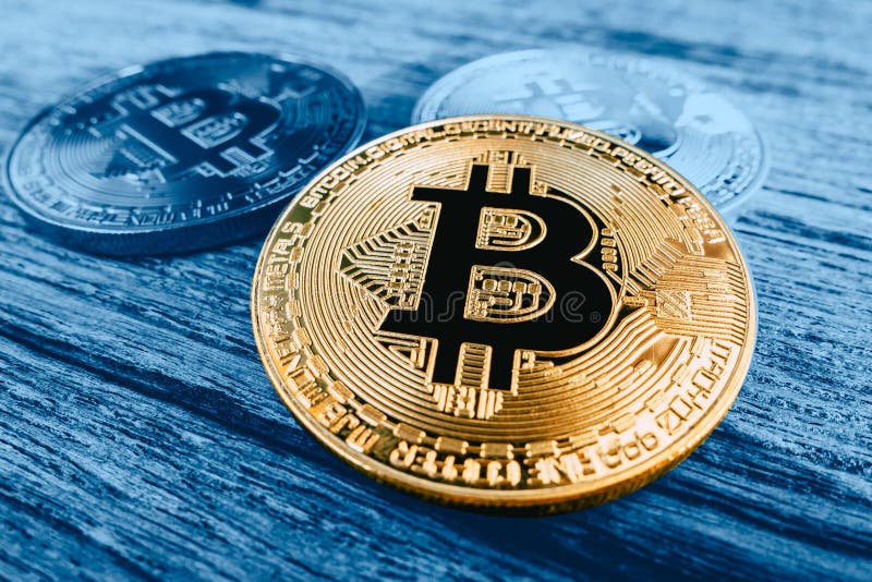 Bitcoin on Blue Wood Background Stock Photo - Image of banking, market ...