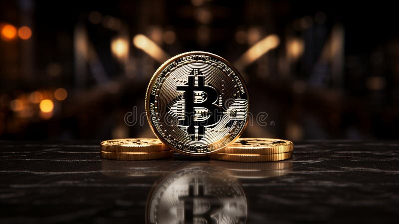 Bitcoin on Blurred Defocused Black Abstract Background with Copy Space ...