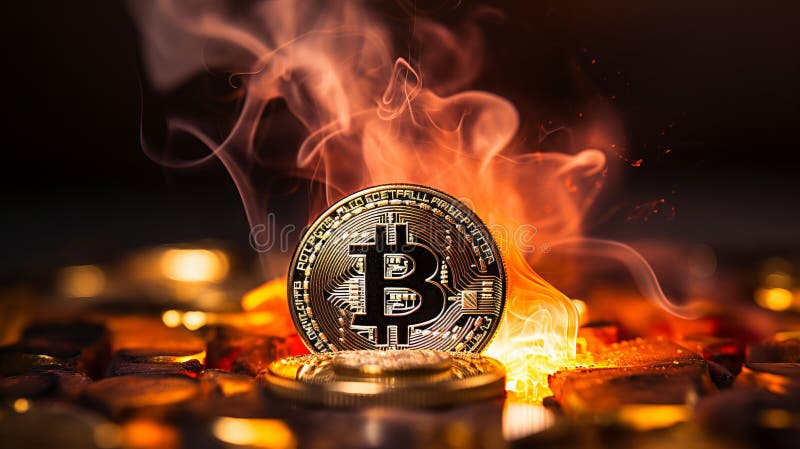 Bitcoin on Blurred Fire Abstract Background with Text Space, Digital ...
