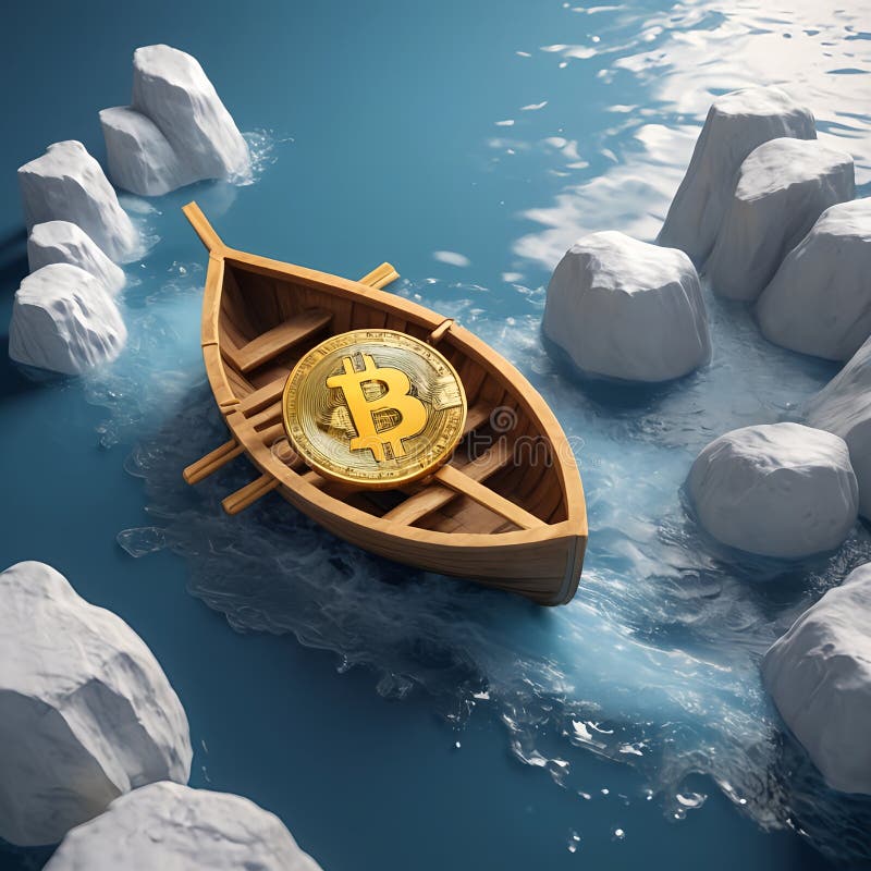 Bitcoin in a Boat on Water with Ice Stock Illustration - Illustration ...